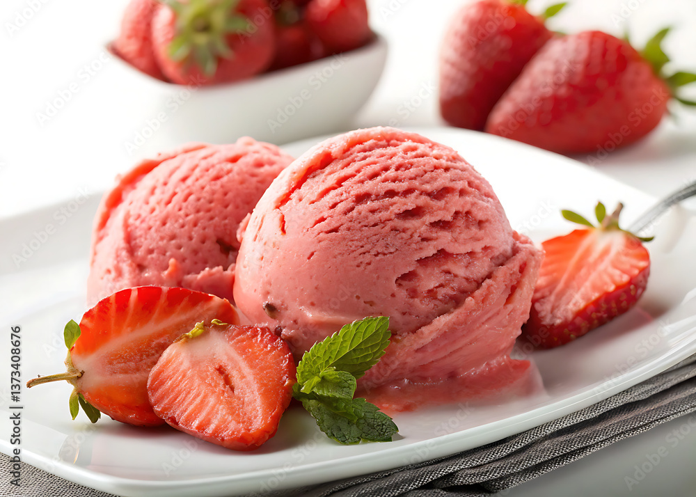 Strawberry ice cream scoops served with mint and strawberry halves ...