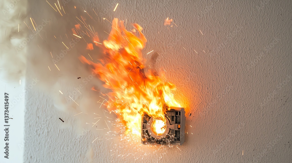 Electrical fire causes damage and sparks indoors. Stock Photo | Adobe Stock