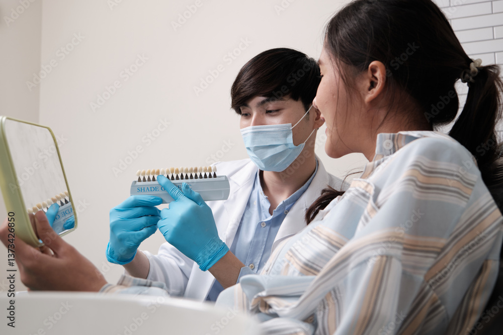 Asian male dentist explains color shades of tooth implant whitening to young female patient ...