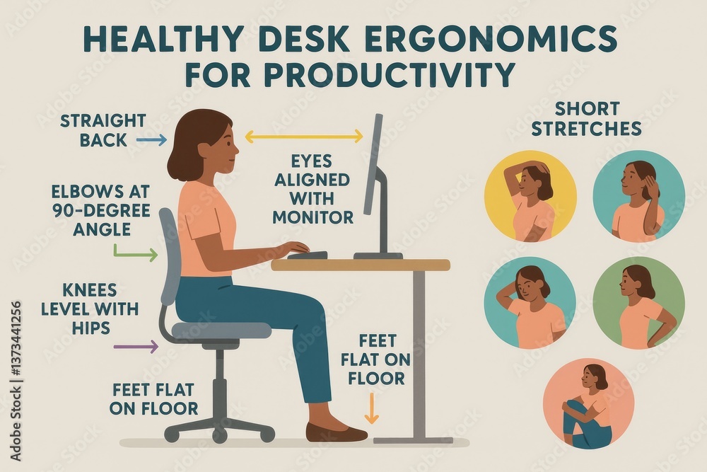 Ilustrace Ergonomics for Productivity: Illustrated guide showcases an ideal work setup for ...