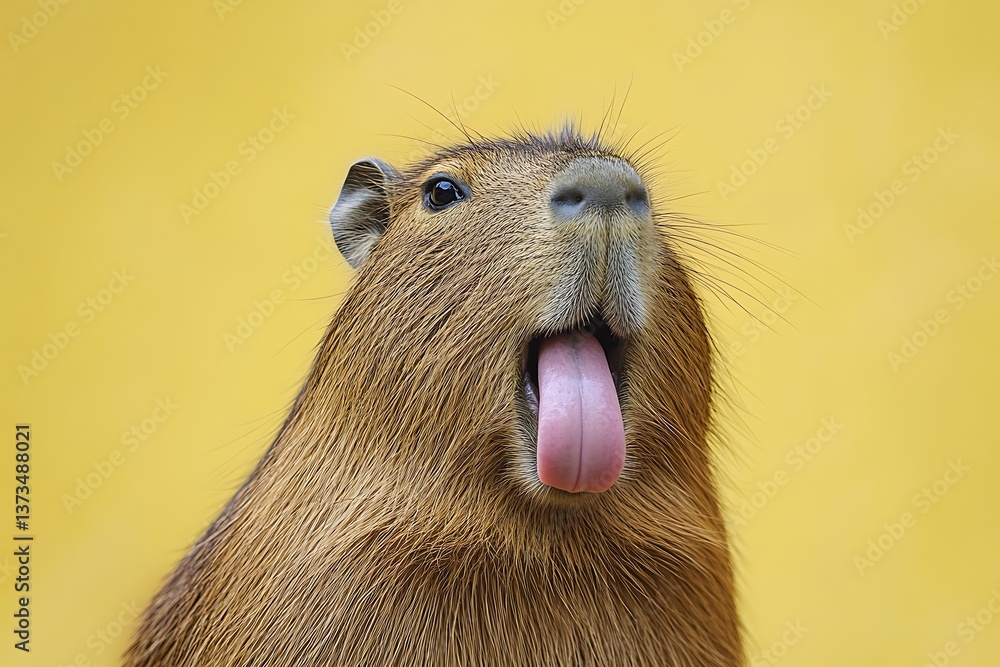Capybara sticking tongue out playfully, positioned against vibrant ...