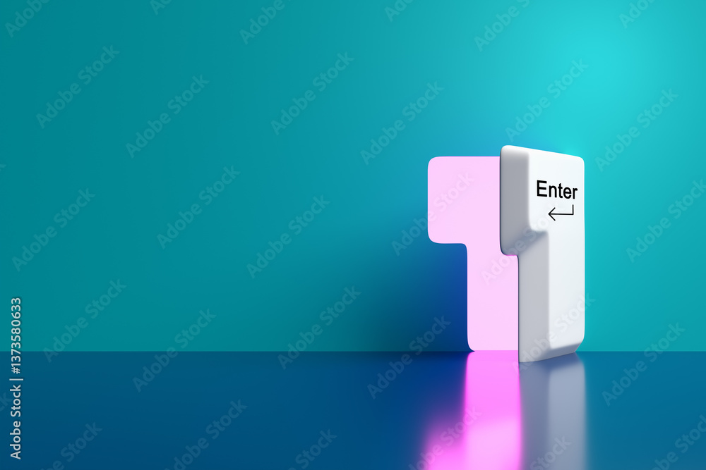Giant Enter key opening a glowing pink portal on turquoise background ...
