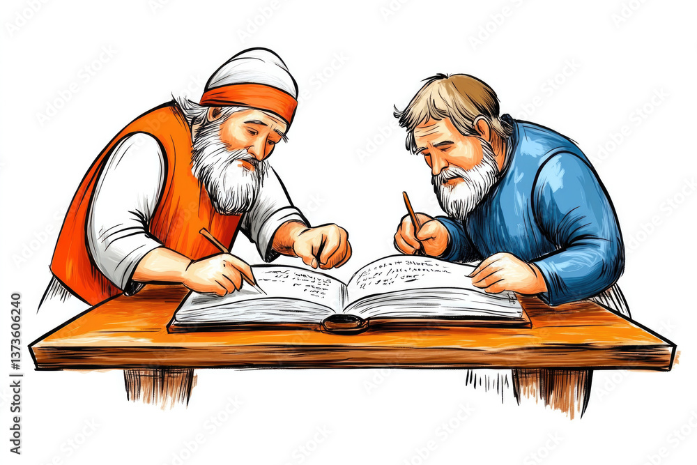 Historical engraving style illustration of medieval library scene ...