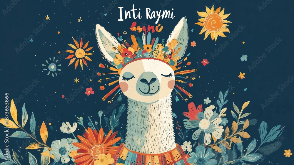 Whimsical "Inti Raymi" card featuring a decorated llama in traditional ...