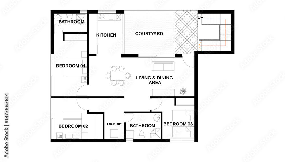 High-Quality Black and White 2D Floor Plans, Architectural Drawings ...