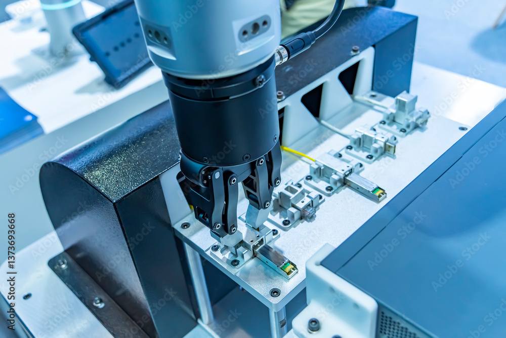 industrial machine and factory robot arm holding gigabit fiber optic ...