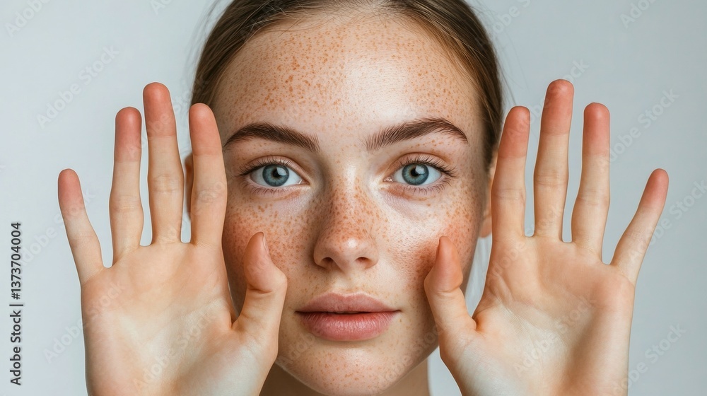 Young caucasian female with freckles and blue eyes holding hands near ...