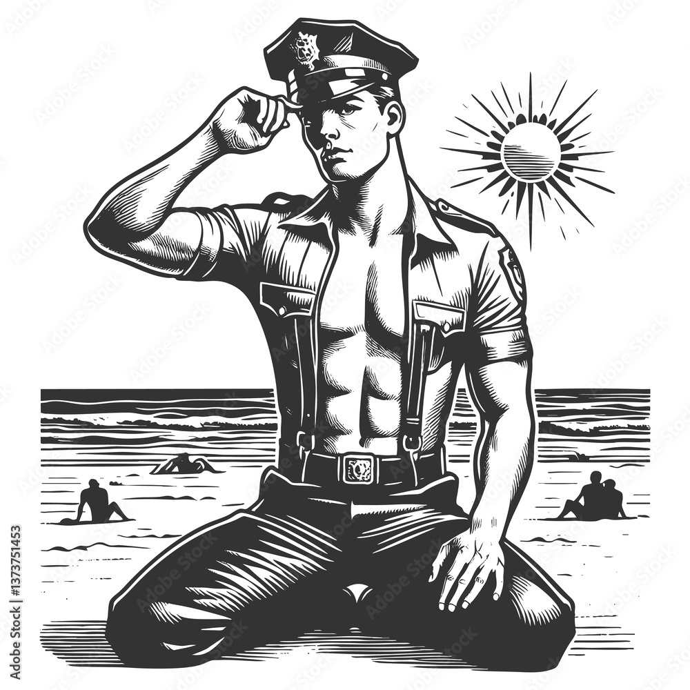 muscular police officer kneeling shirtless on a beach, striking a bold ...
