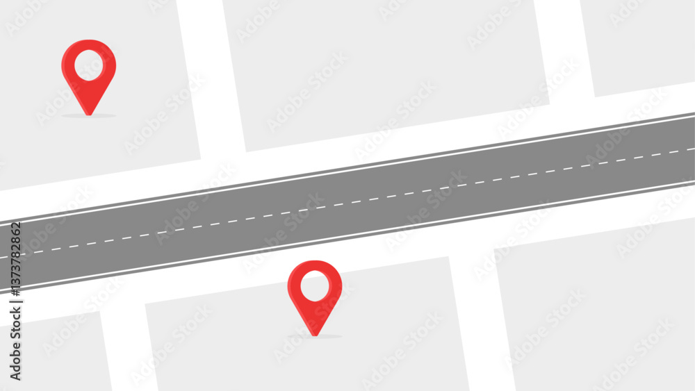 Simplified map graphic showing a grey road with dashed lines and two ...