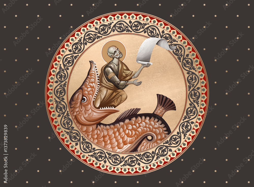 Saint Jonah and the Whale. Decorative vintage dome illustration in ...