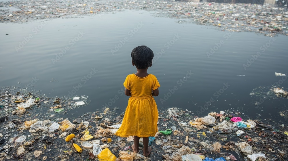 Child standing in front of polluted river filled with plastic waste ...