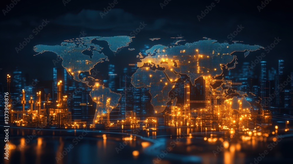 A glowing circular economy diagram overlaid on a world map with supply ...