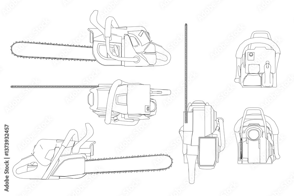 A series of drawings of a chainsaw. The drawings are all different ...