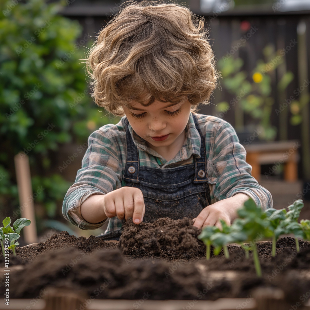 young boy testing different types of soil to see which one helps plants ...