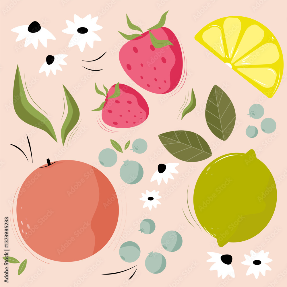 seamless background with fruits, Set of illustrations with fresh summer ...