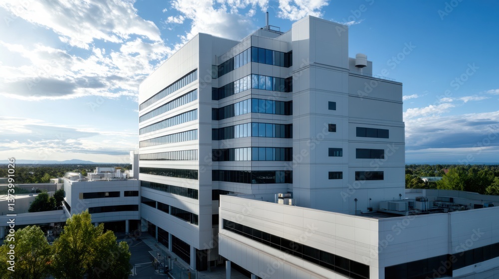 A modern hospital building stands against a serene sky, symbolizing ...