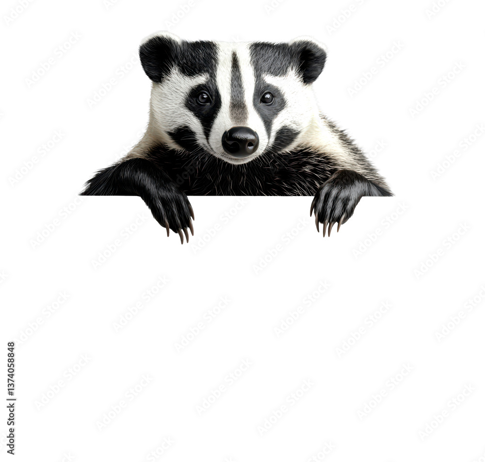 Curious badger peeking over a white banner with expressive eyes Isolate ...