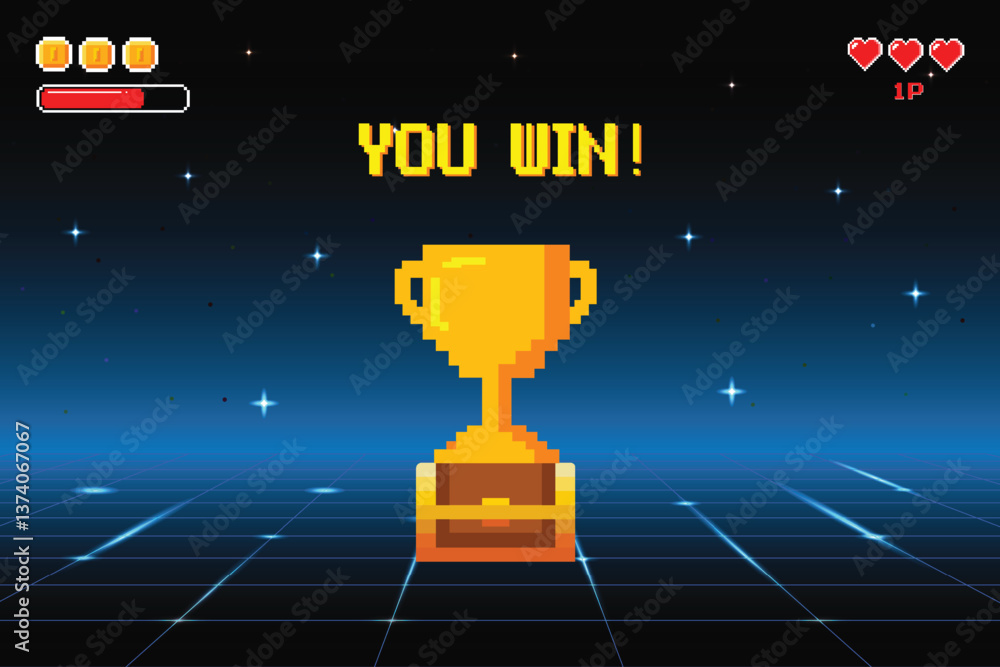 "You Win" text with gold trophy on treasure chest. on dark blue ...