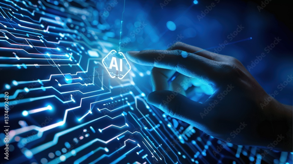 Index finger activating floating AI interface with datastream elements ...