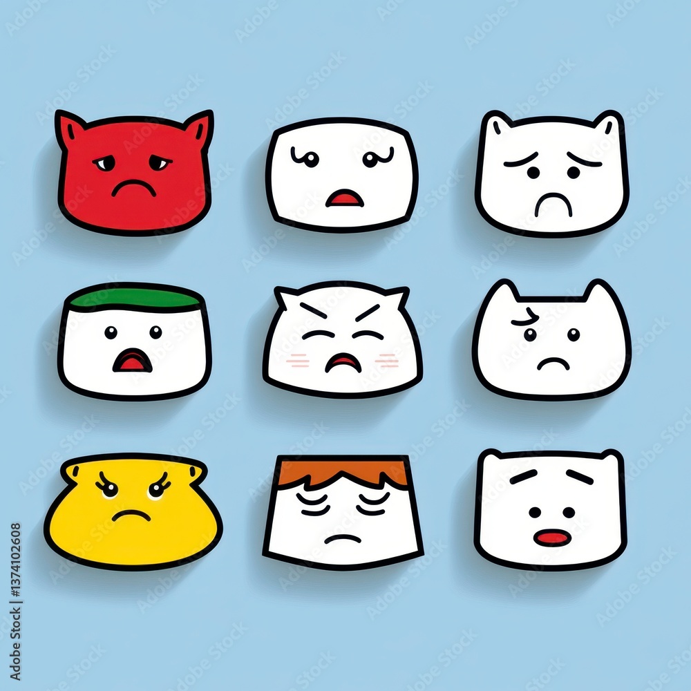 Nine pixel art emoticons expressing various sad and angry emotions on a ...