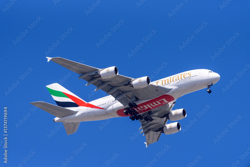 Vienna, Austria - May 14, 2024: Emirates Airbus A380 with landing gear ...