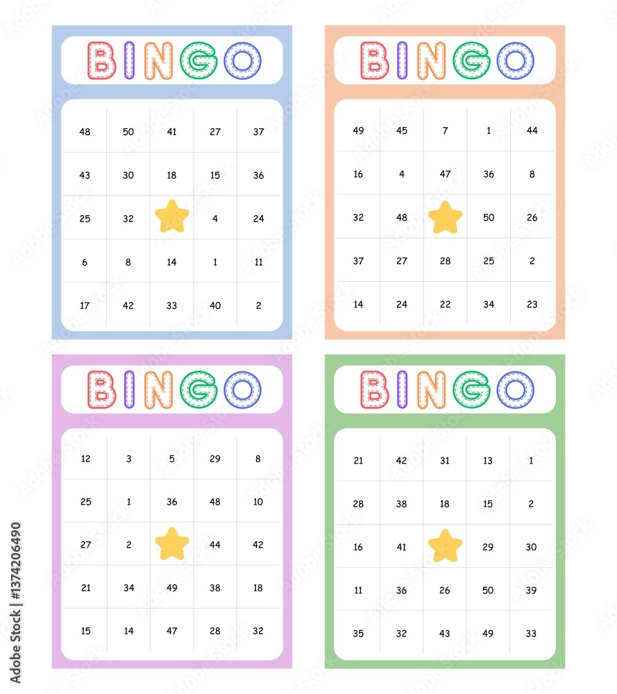 Bingo card random numbers printable template set. Vector illustration simple bingo card design ...
