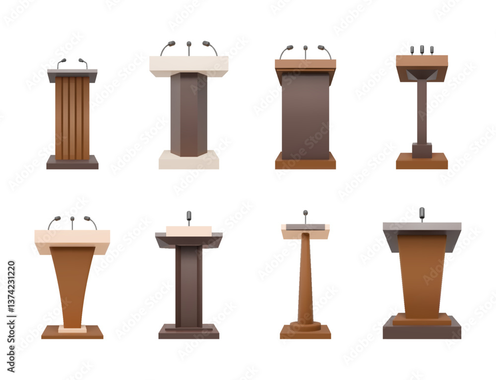 Speech podium. Lecture speaker stand with mic. 3D speaking platform ...