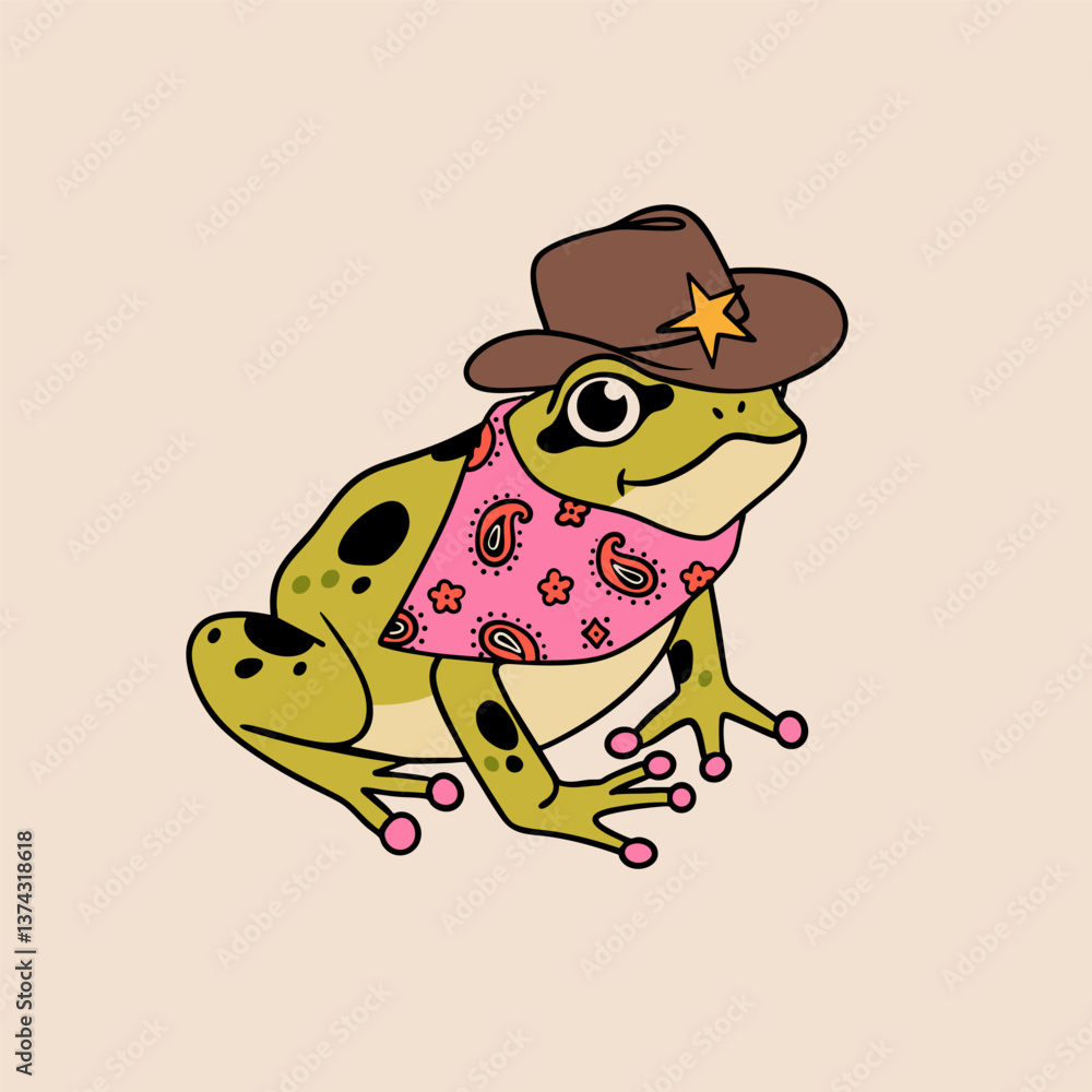 Green Frog dressed in clothes. Toad with cowboy hat, neck bandana. Cute ...