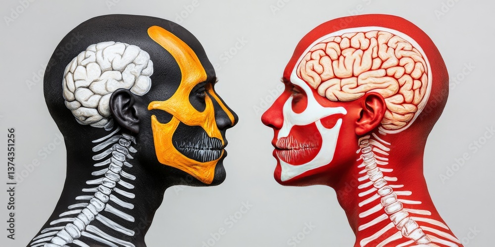 Fotografie Human skull profiles facing each other with visible brain ...