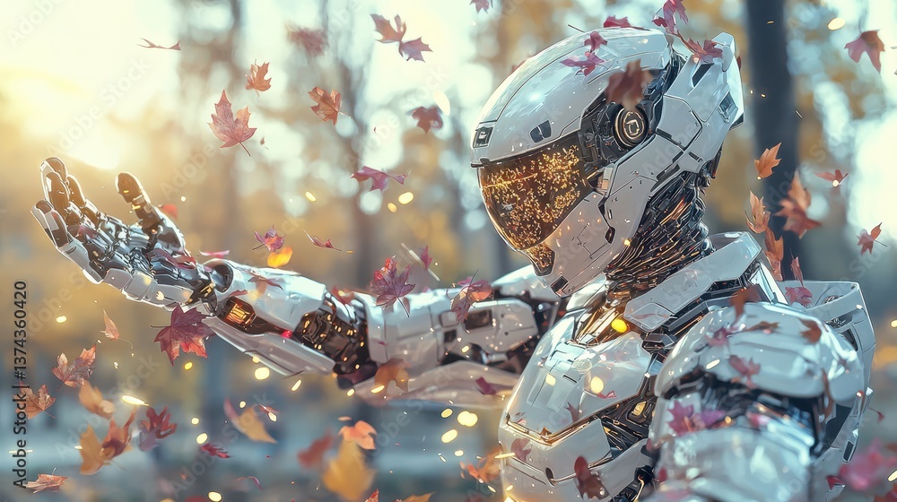 Futuristic humanoid robot enjoys autumn, arms outstretched under ...