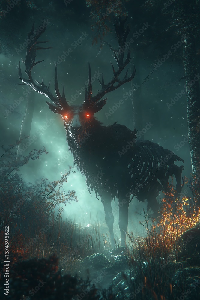 RPG card illustration, trading card game Dark Fantasy Stag with Glowing ...