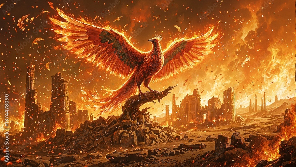 Majestic Simurgh phoenix in fiery Tree of Life dropping feathers to ...