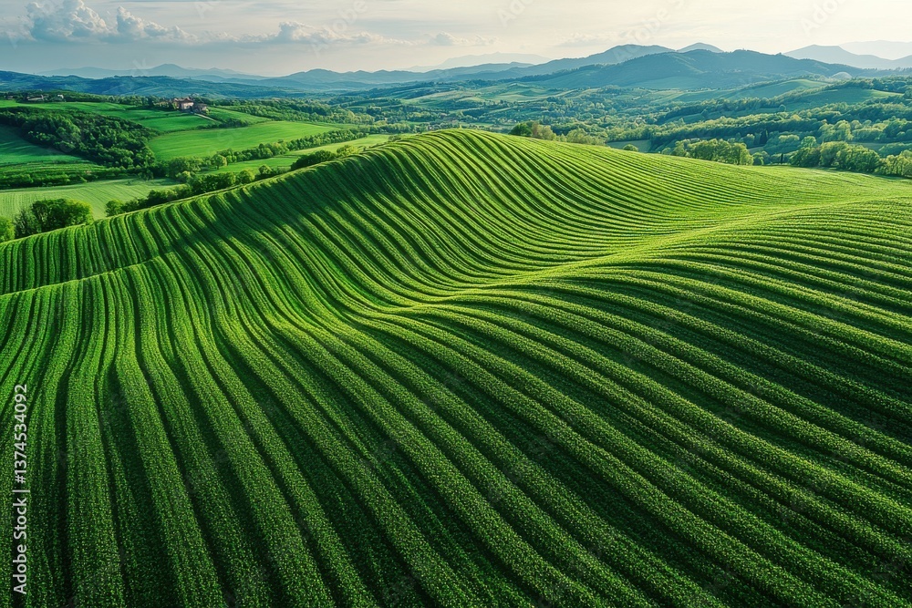 Rolling Green Fields with Contour Farming Patterns Under a Clear Sky ...