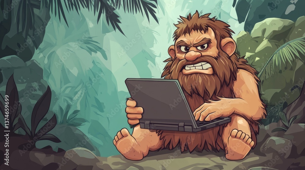 Cartoon illustration of a prehistoric caveman using a modern laptop ...