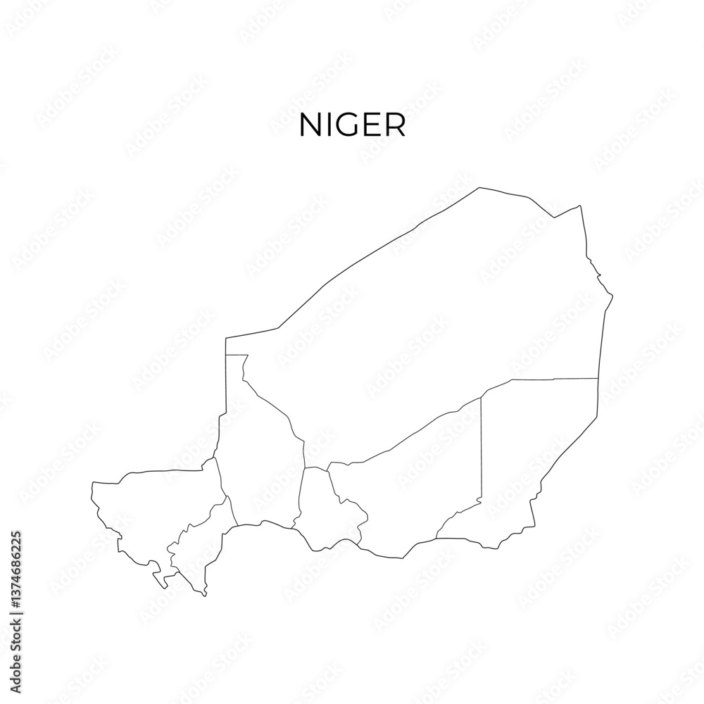 Black and white vector outline map of Niger, showing its regions and ...
