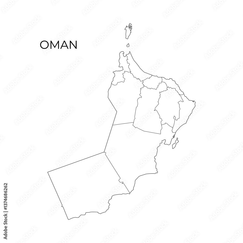 Black and white vector outline map of Oman, showing its governorates ...