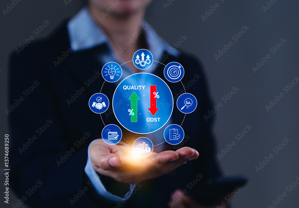 Quality Improvement and Cost Reduction Strategy Concept. Businesswoman ...