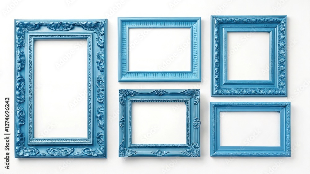 Set of ornate blue picture frames on a white wall Stock Illustration ...
