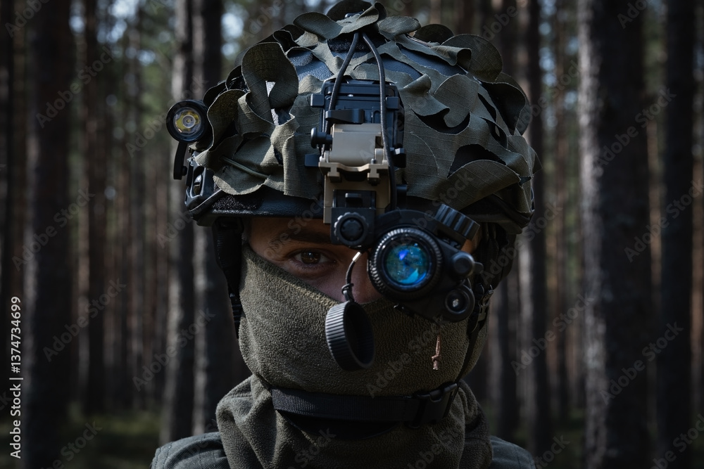 Portrait of a male special operations soldier wearing a tactical helmet ...
