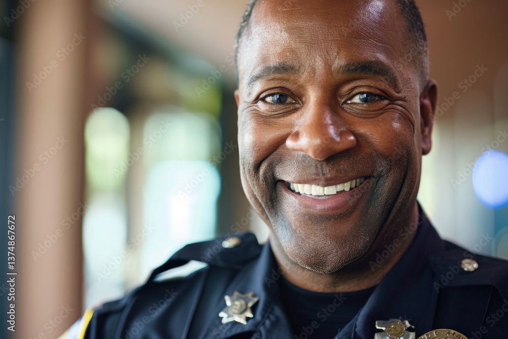 Smiling portrait of a middle aged male African American police officer ...