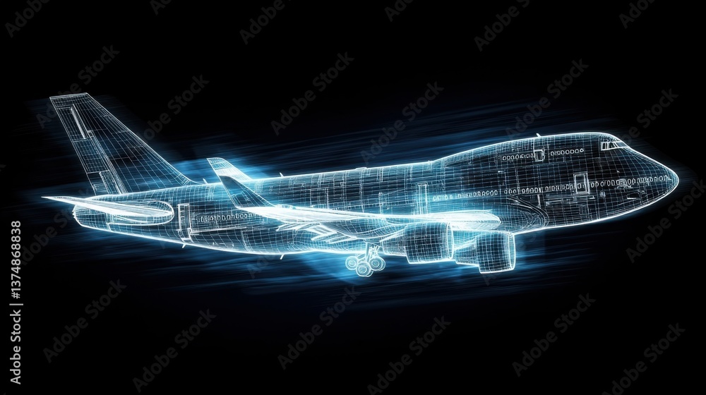 Futuristic wireframe rendering showcases a Boeing 747 in flight with ...