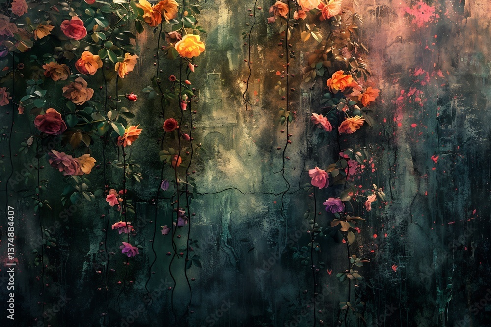 Magic of Forgotten Blooms A digital painting of a garden wall covered ...