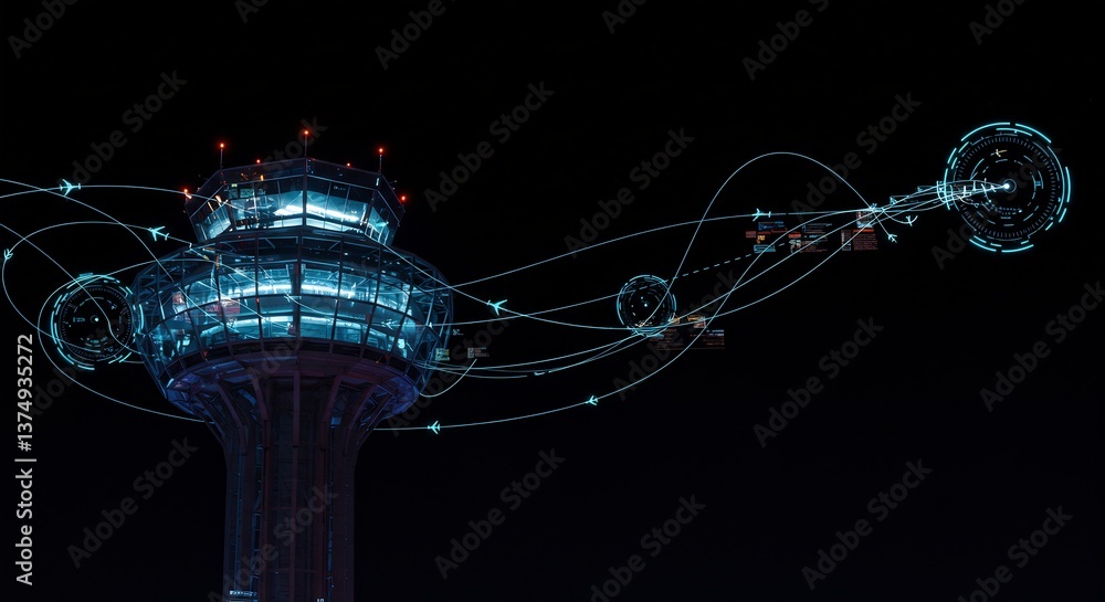 Futuristic Air Traffic Control Tower with Digital Overlay Showing ...