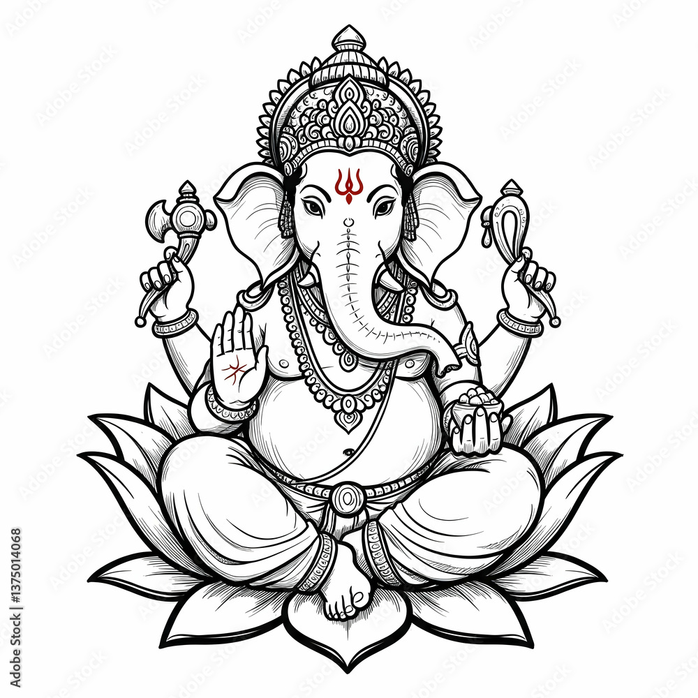 Detailed Drawing of Lord Ganesha Seated on Lotus Flower Illustration ...