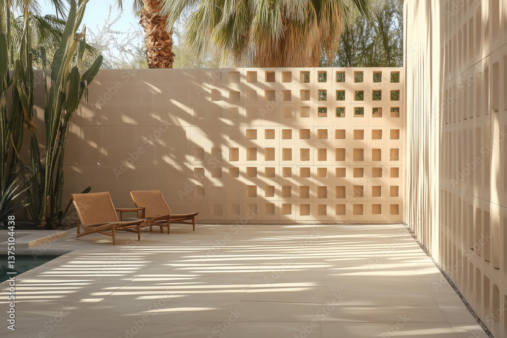 Brick, stone, concrete, breeze blocks range wall around minimalistic ...