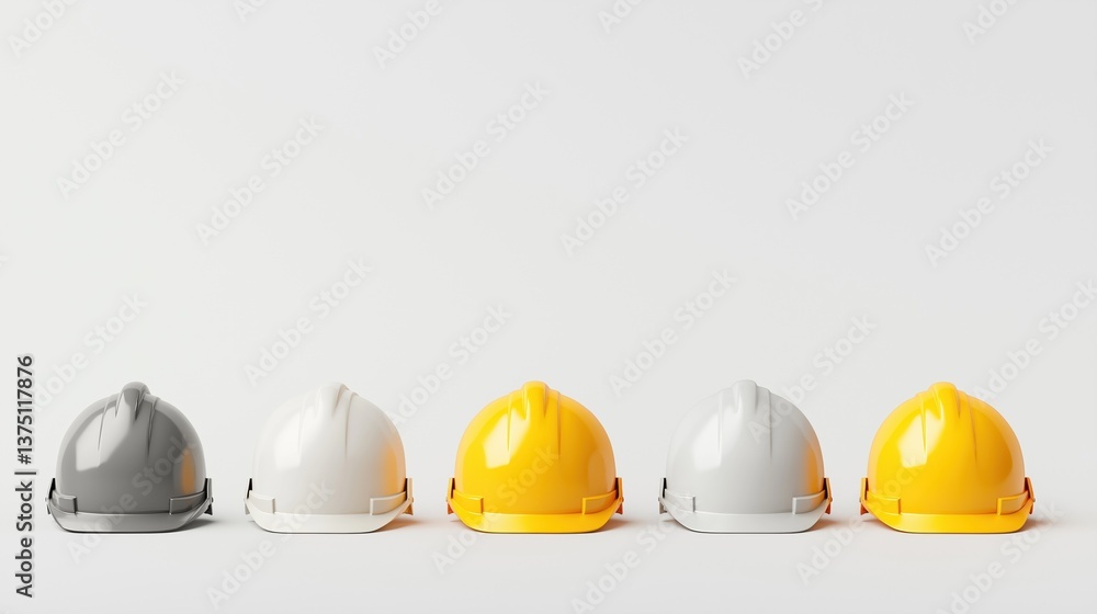 Five different types of hard hats arranged in a row on a plain white ...
