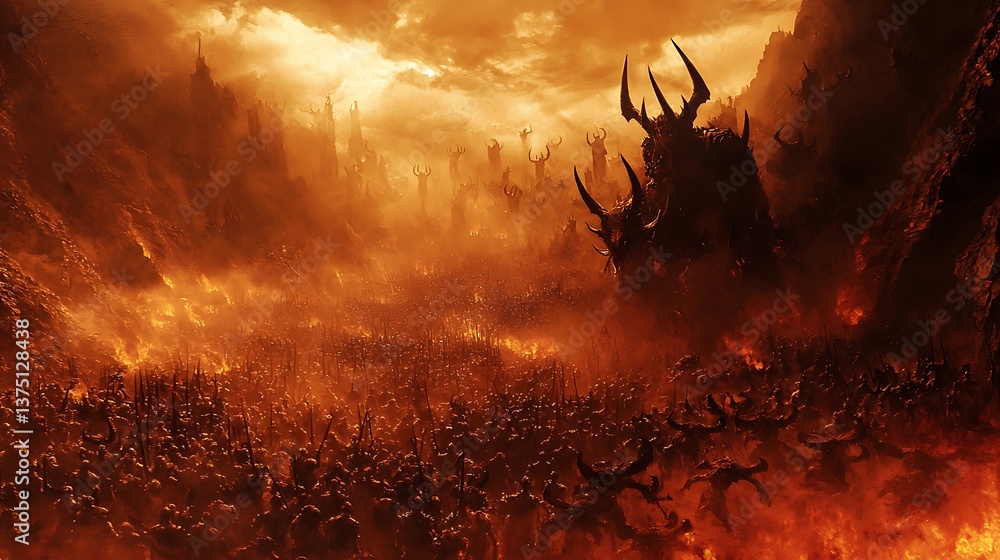A vast demonic army emerges from the depths of a jagged, shadowy canyon ...