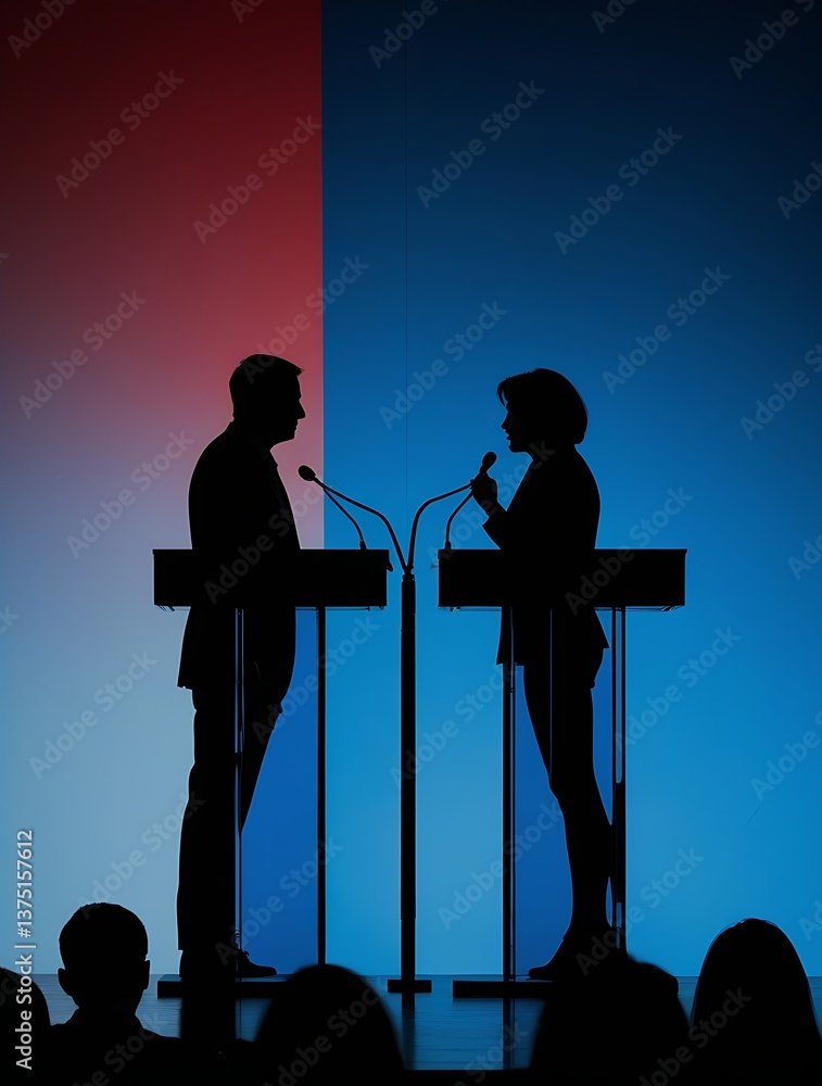 Silhouettes of two politicians debating on stage with red and blue ...