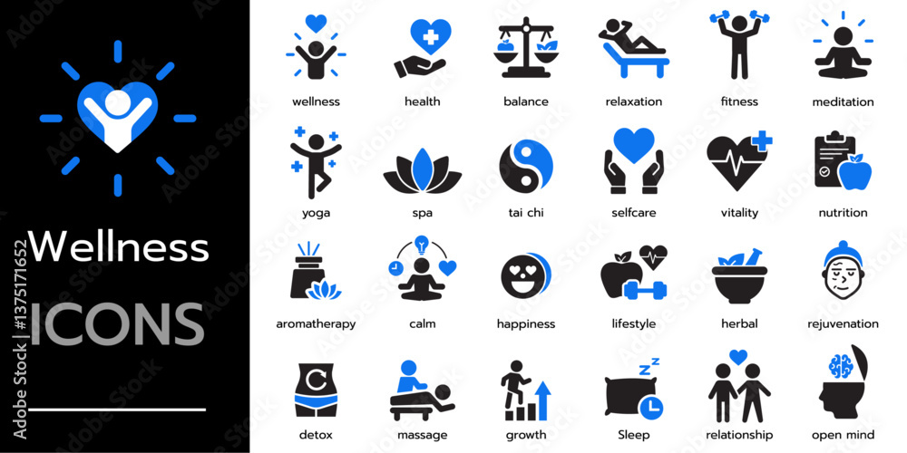 wellness icon set. fitness, health, yoga, aromatherapy, spa, relaxation ...