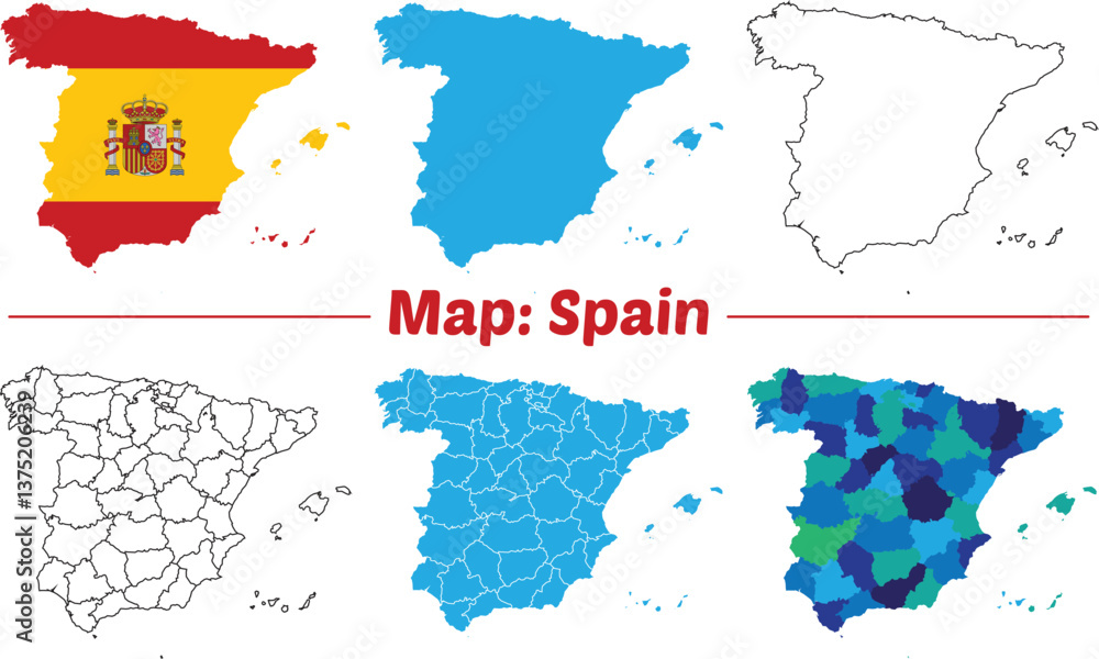 Maps of Spain Flag, Outline, and Regional Divisions, Spain country map set. internal provinces ...